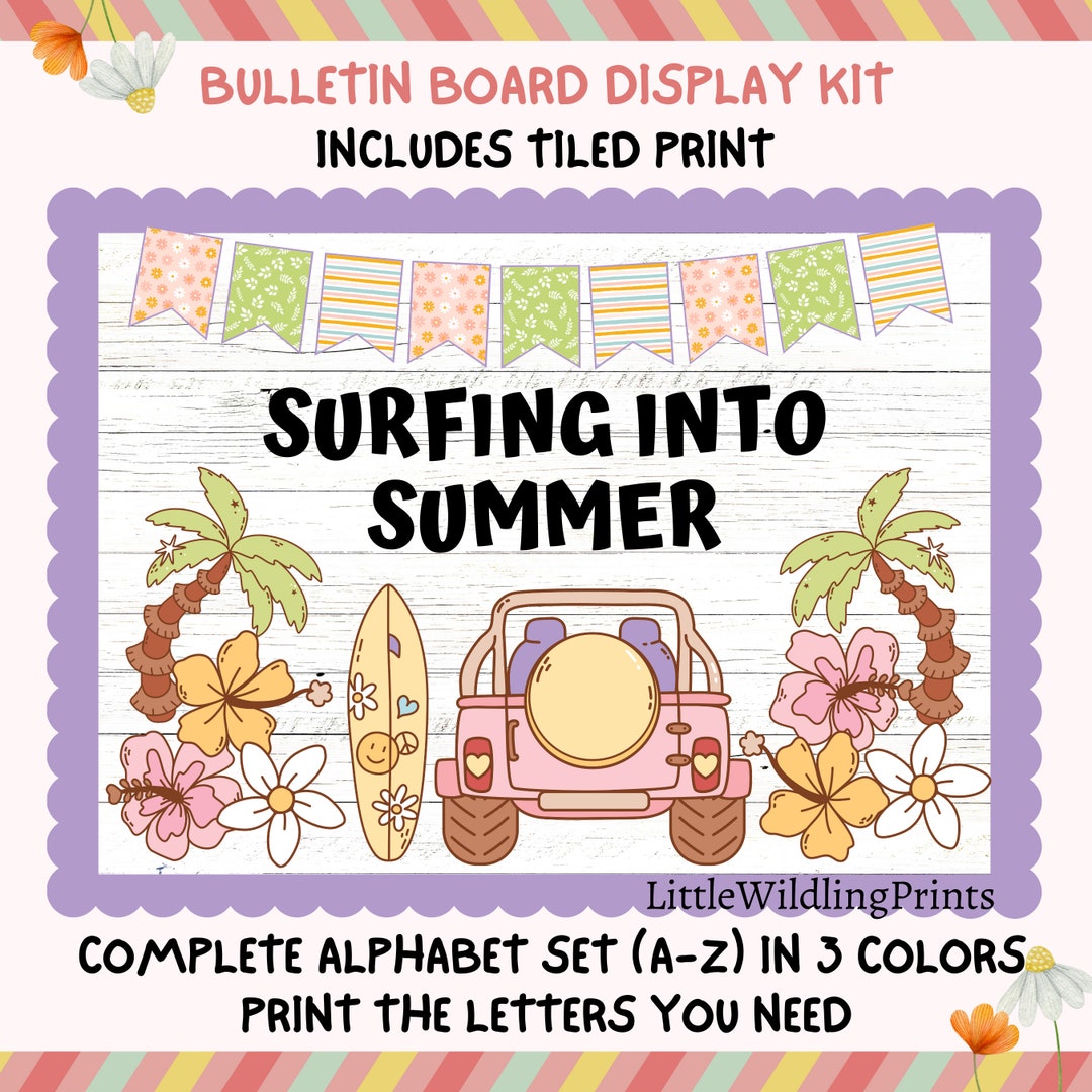 Summer Bulletin Board Kit, Retro Summer Bulletin Board, Surfing ...