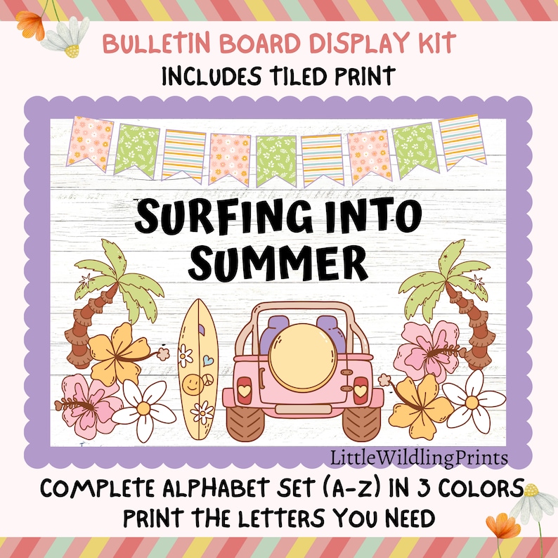 Summer Bulletin Board Kit, Retro Summer Bulletin Board, Surfing ...