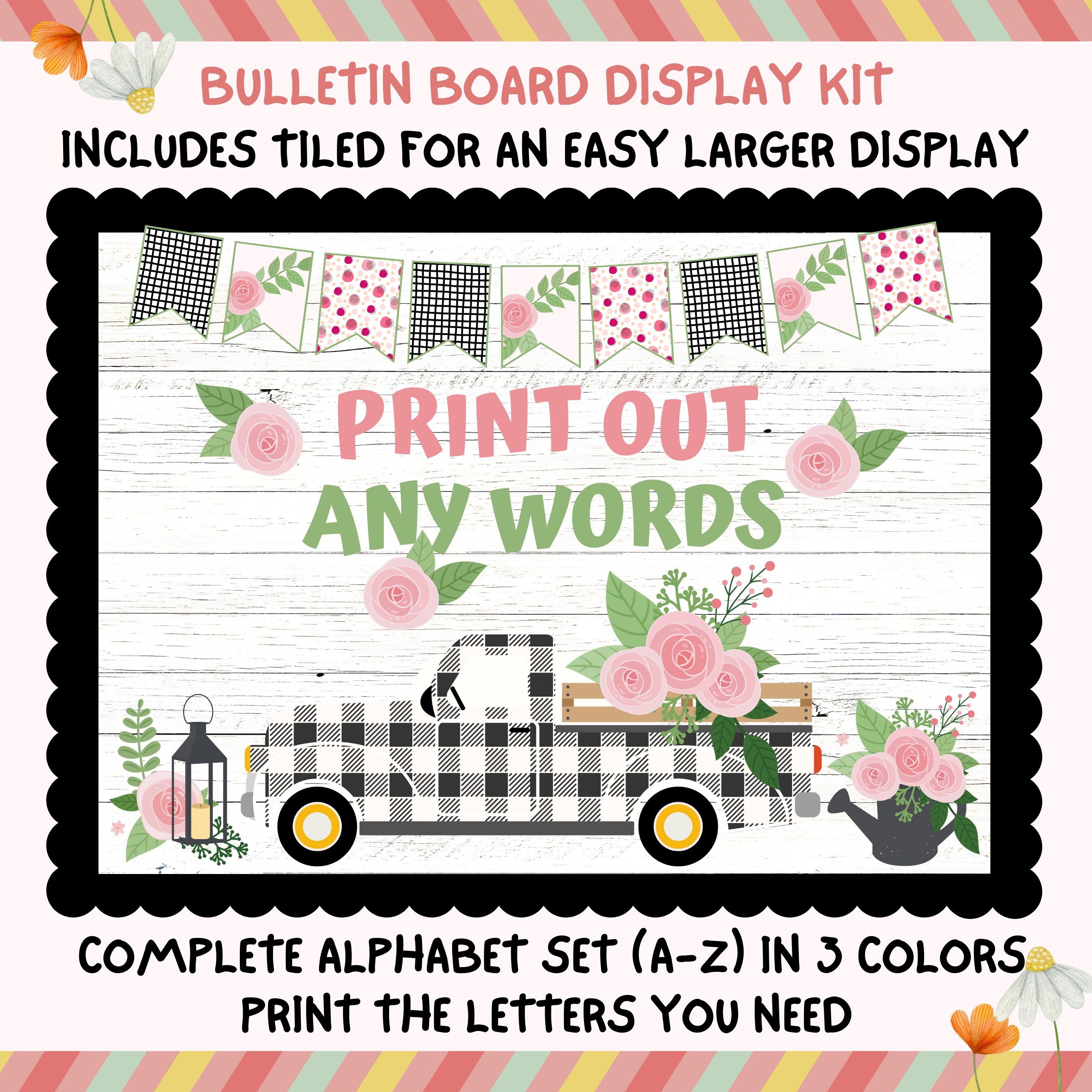 Black White Fall Plaid Farmhouse Floral Truck Bulletin - Etsy
