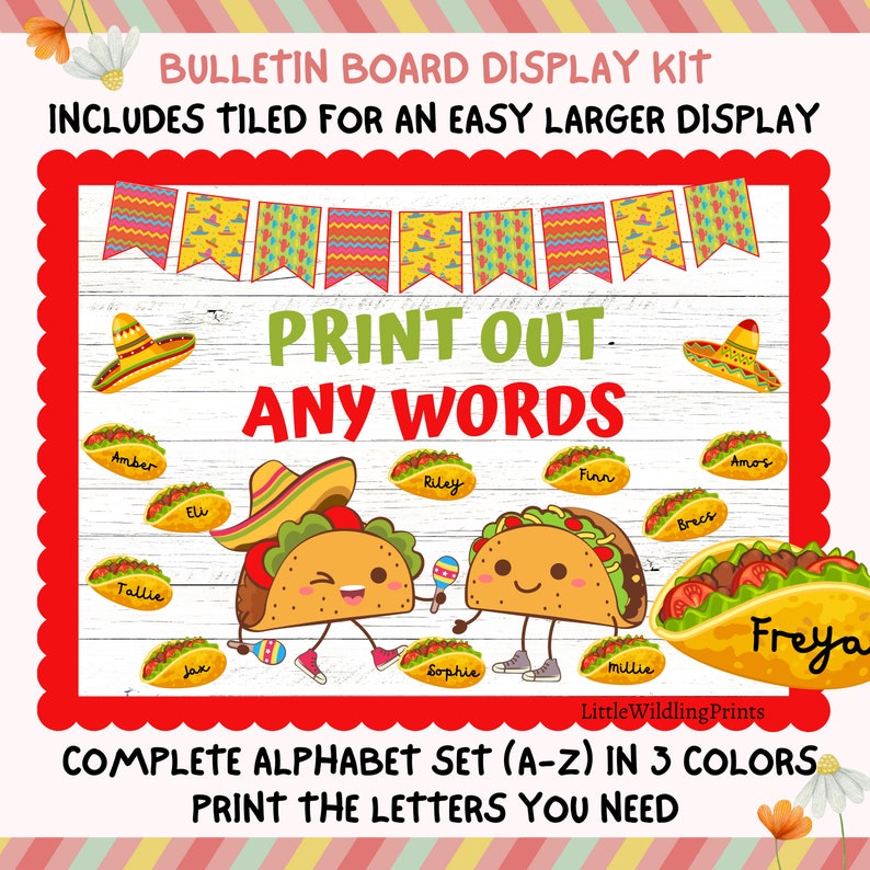 Taco Bulletin Board Kit Mexican Fiesta Taco Class Name Tags - Etsy