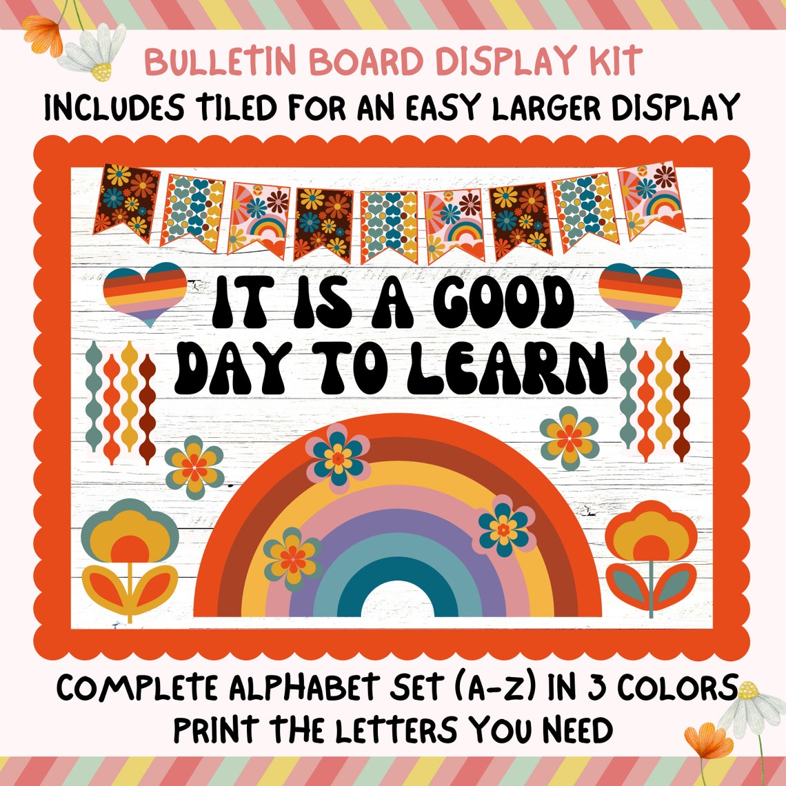 Boho Retro Positive Bulletin Board Kit, Good Day to Learn Rainbow ...