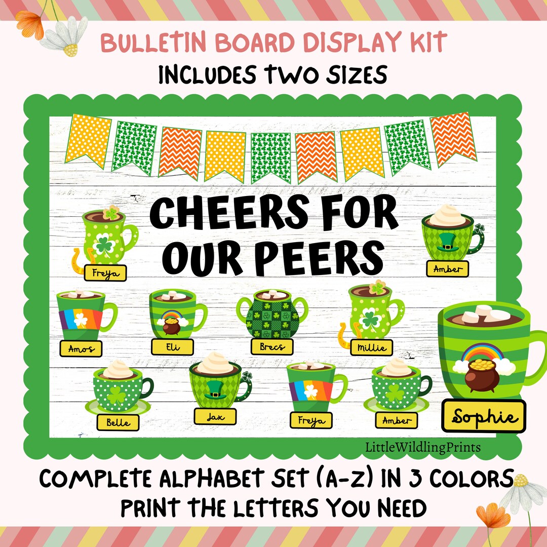 St Patricks Day Bulletin Board Kit, St Patricks Mugs Class Names, March ...