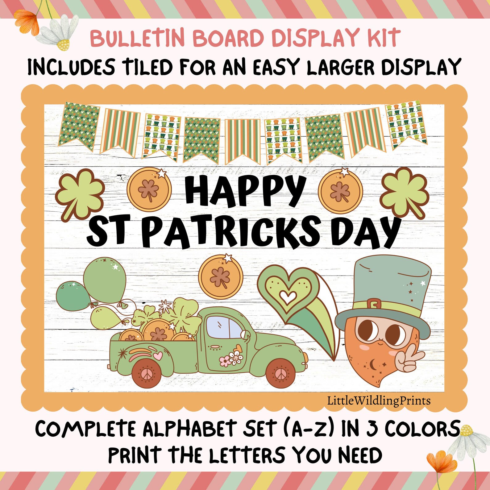 Retro Groovy St Patricks Day Truck Bulletin Board Kit, Boho Lucky ...