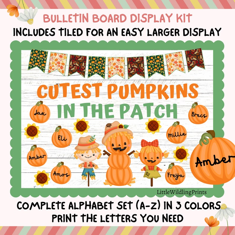 Pumpkin Fall Bulletin Board Kit, Scarecrow Harvest Pumpkin Class Names ...