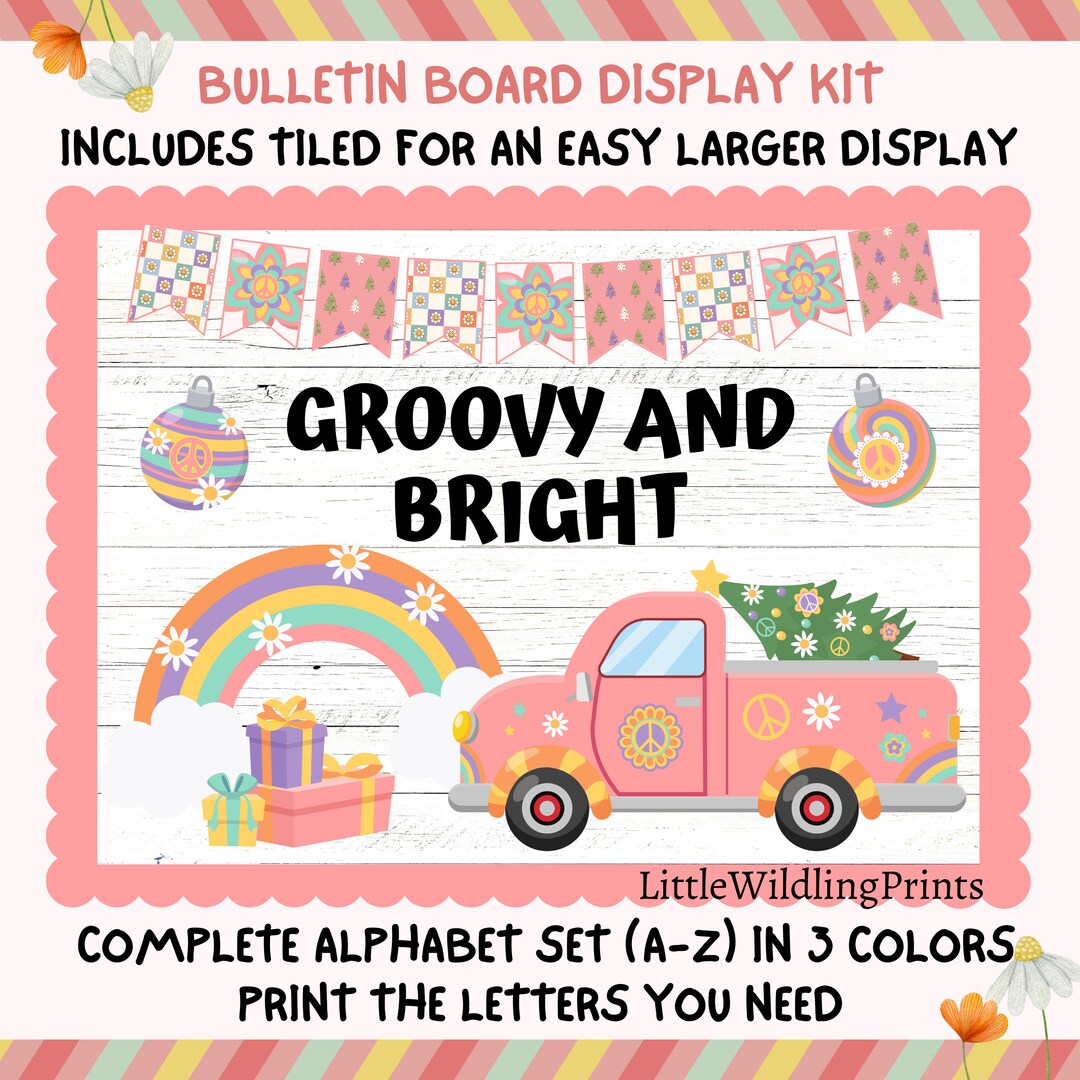 Christmas, Groovy, Hippie, Retro, Boho, Pink, Christmas Bulletin Board ...