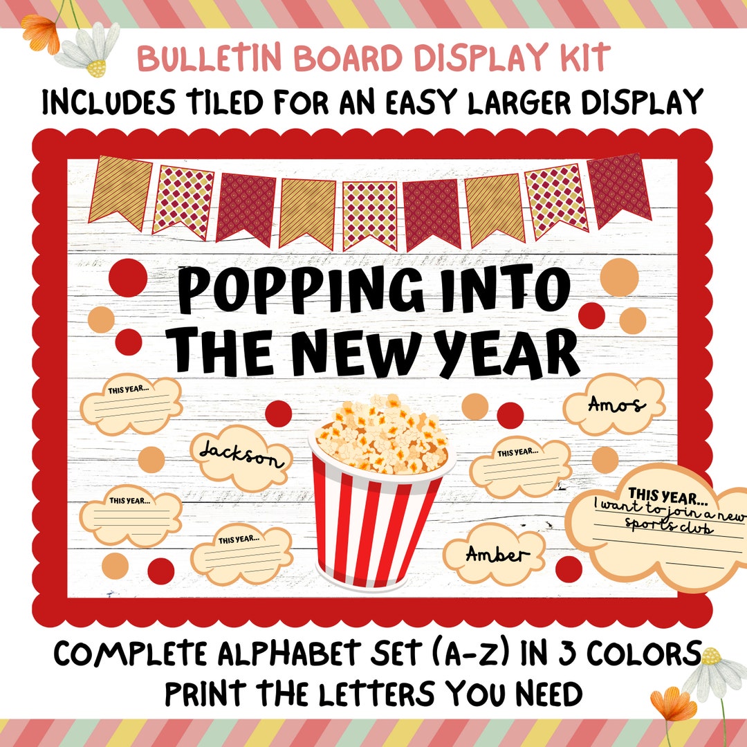 New Year Bulletin Board Kit, Popping Into a New Year Popcorn Bulletin ...