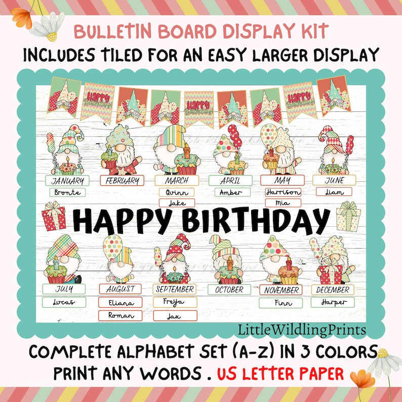 Birthday Gnomes Bulletin Board Birthday Display Kit Custom Any Words ...