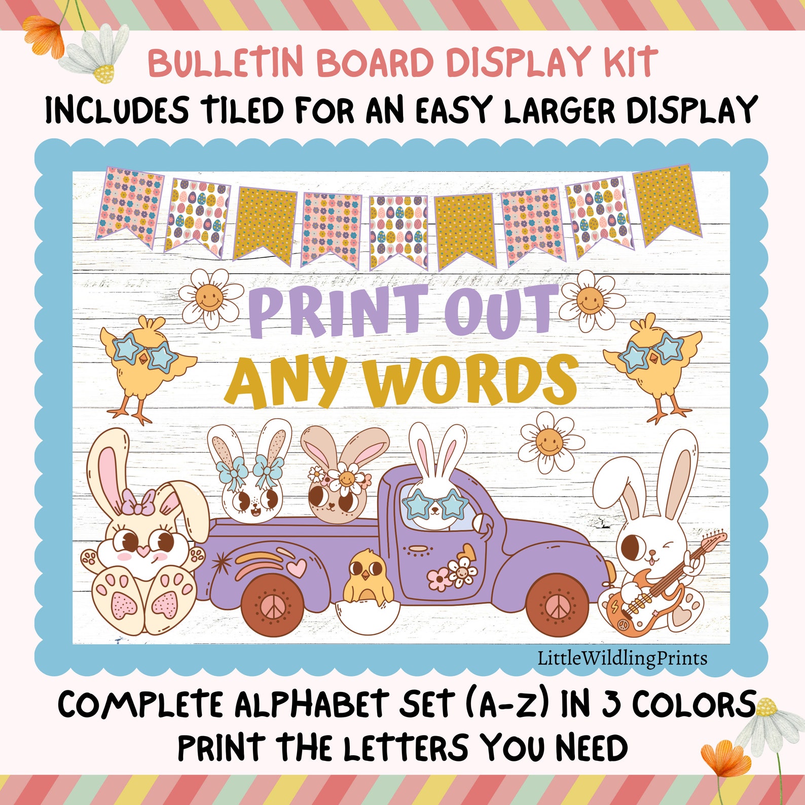 Easter Bunny Bulletin Board Kit, Retro Truck Easter Bulletin, Hoppy ...