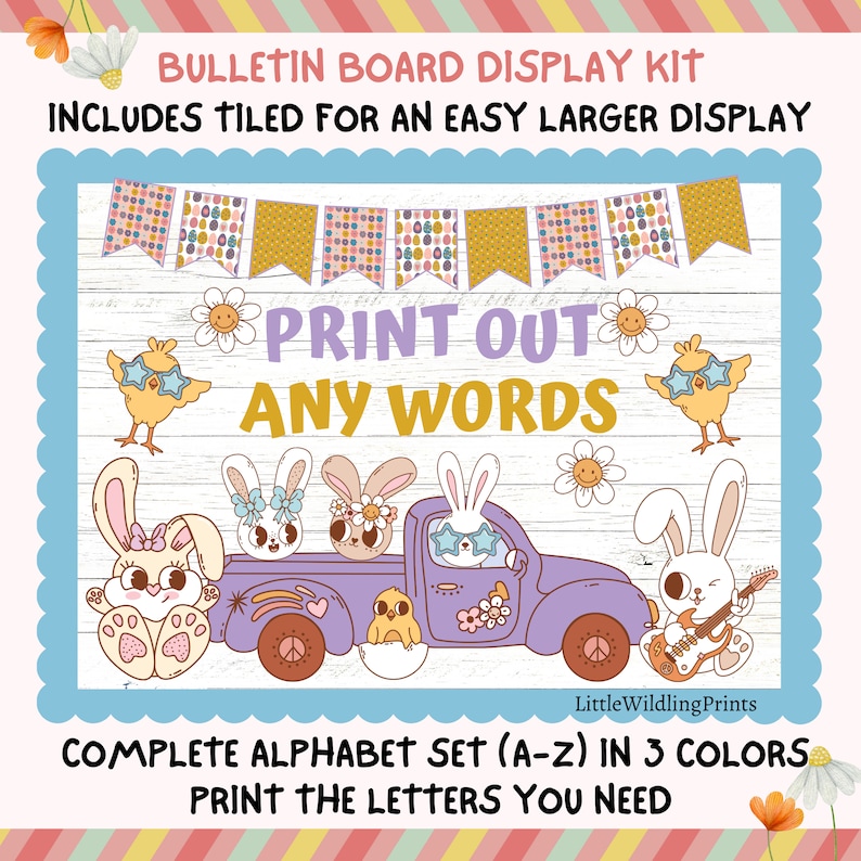 Easter Bunny Bulletin Board Kit, Retro Truck Easter Bulletin, Hoppy ...