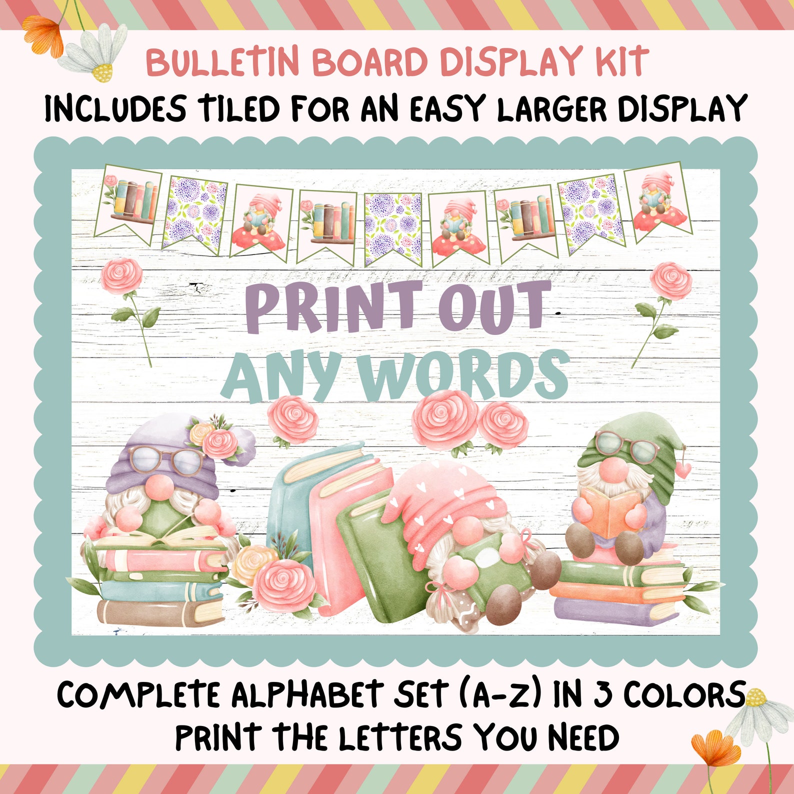 Reading Gnomes Bloom Bulletin Board Kit Books Library Floral - Etsy