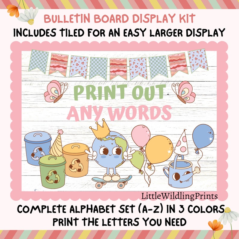 Earth Day Bulletin Board Kit, Groovy Retro Planet Earth Bulletin Kit ...