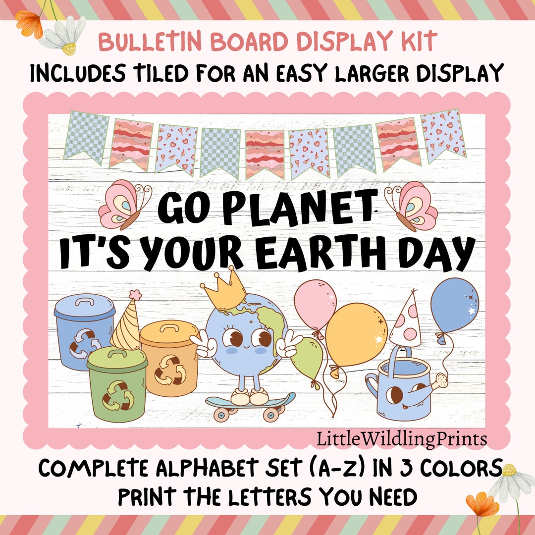 Earth Day Bulletin Board Kit, Groovy Retro Planet Earth Bulletin Kit ...