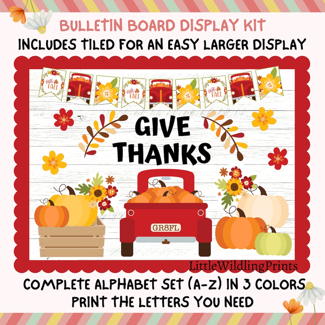 Give Thanks Truck Bulletin Board Kit, Happy Thanksgiving Pumpkin Fall ...