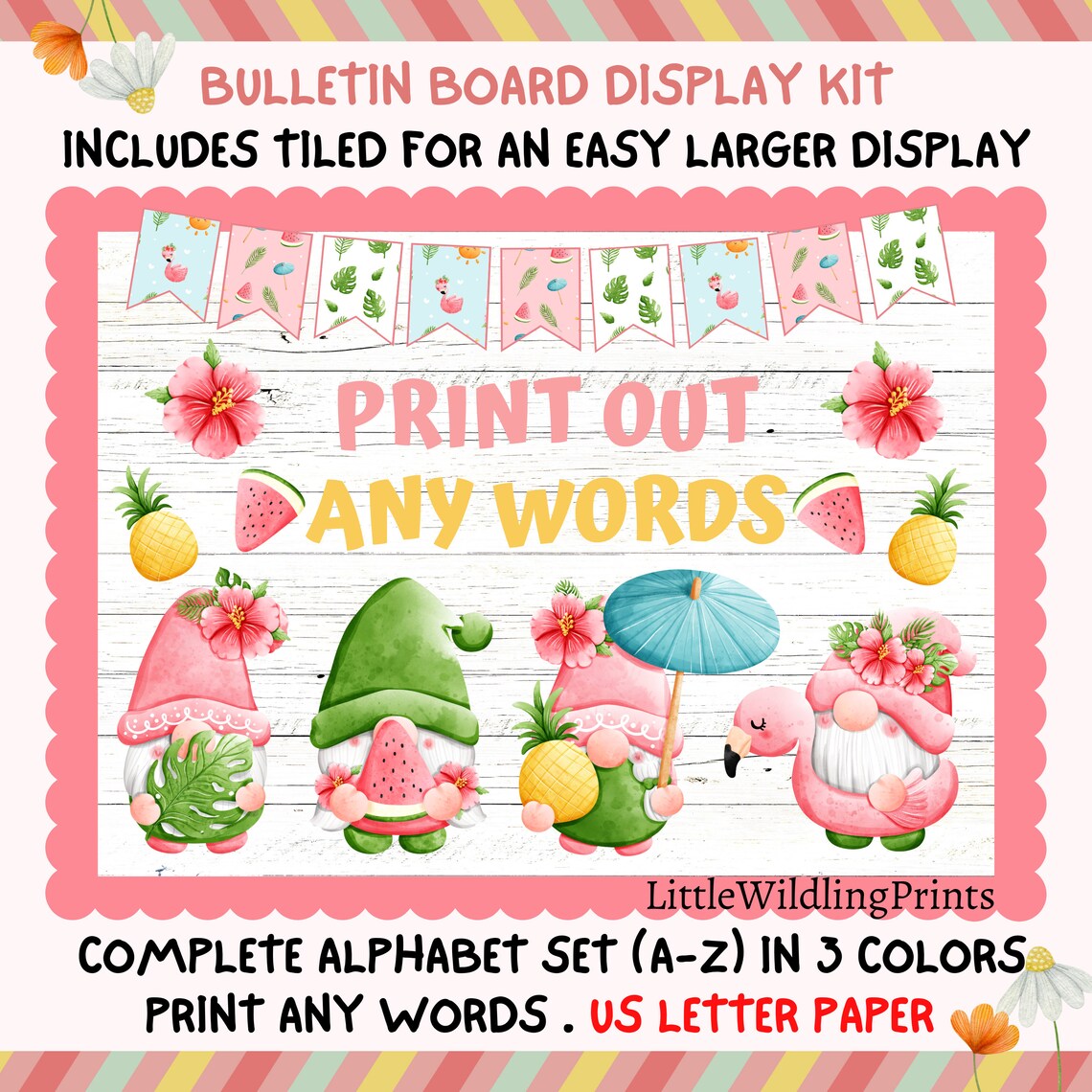 Summer Gnomes Bulletin Board Flamingo Display Kit Custom Any | Etsy