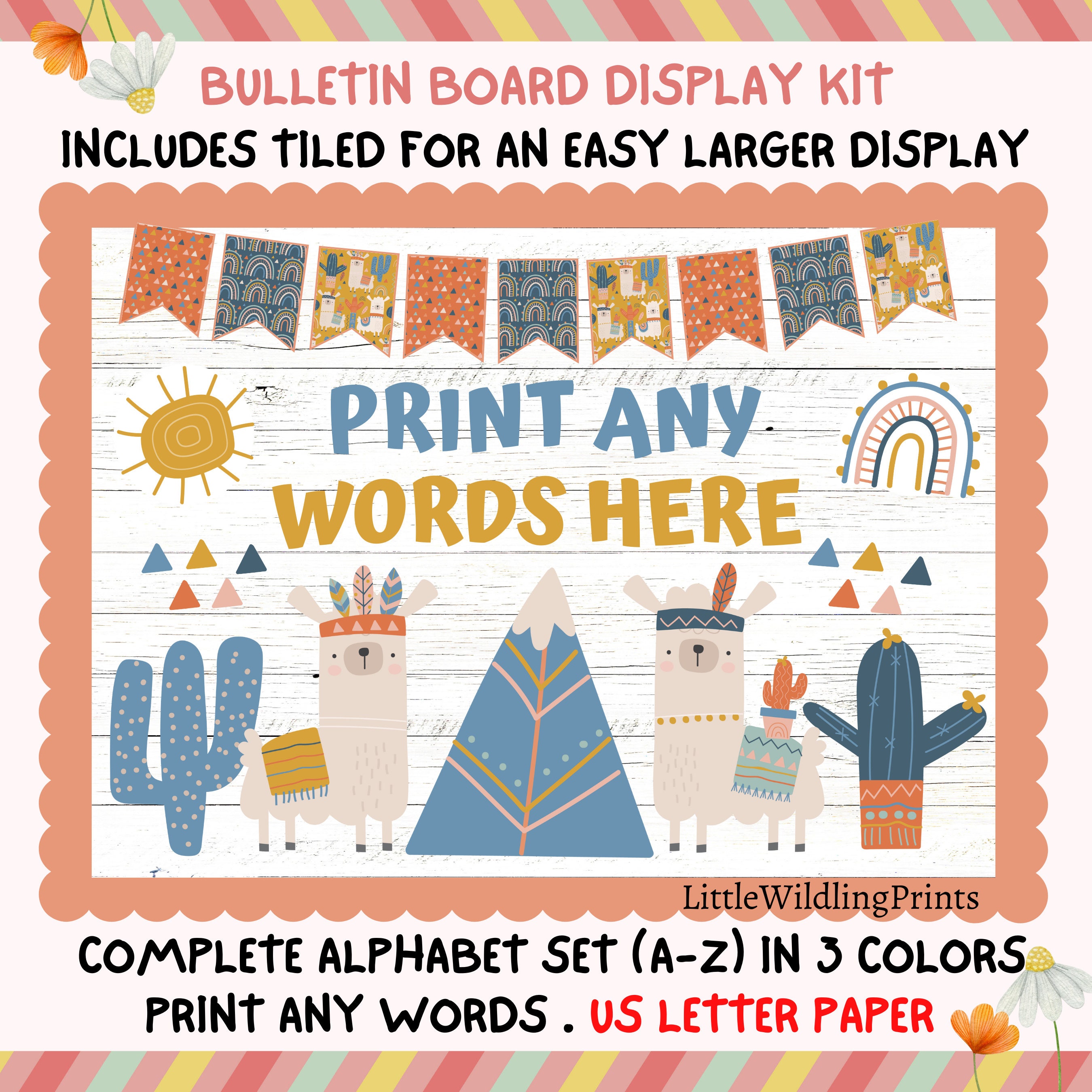 Llama Bulletin Board Kit, Fun Boho Llama Display Kit, Custom Words ...