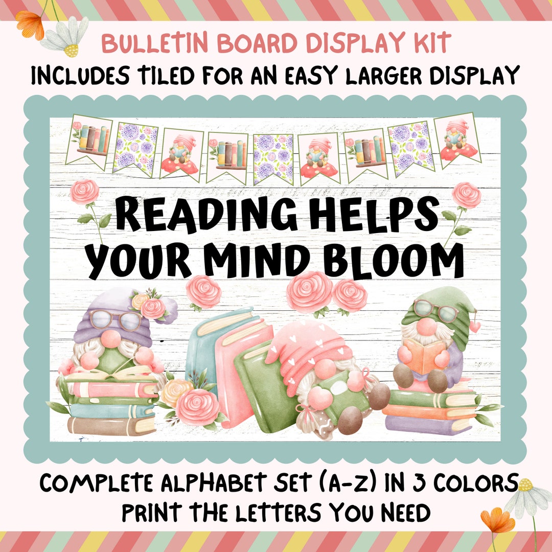 Reading Gnomes Bloom Bulletin Board Kit, Books Library Floral Gnomies ...