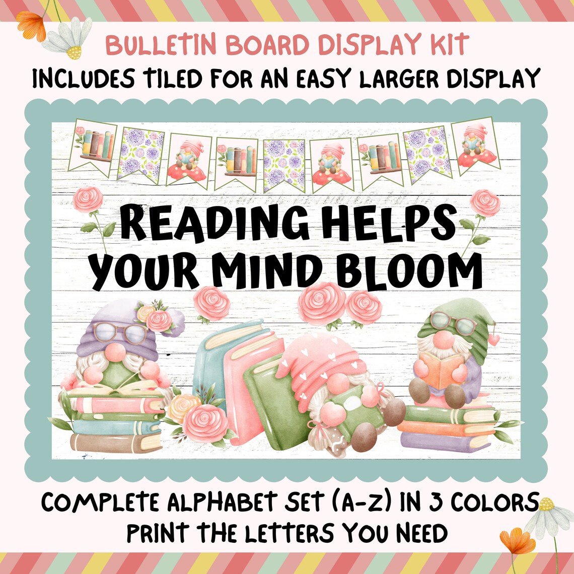 Reading Gnomes Bloom Bulletin Board Kit Books Library Floral - Etsy