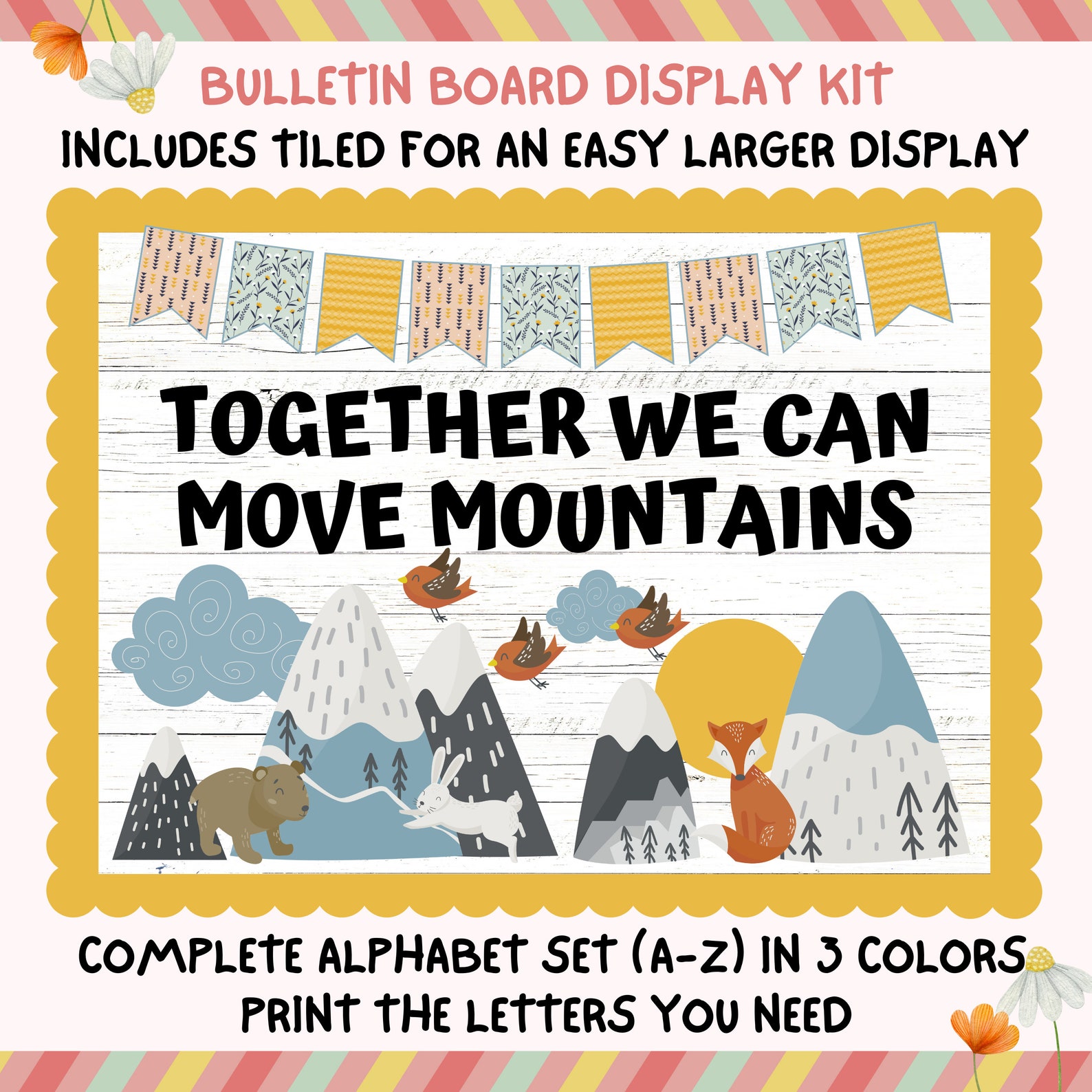 Together Move Mountains Bulletin Board Kit, Boho Animals Positive ...