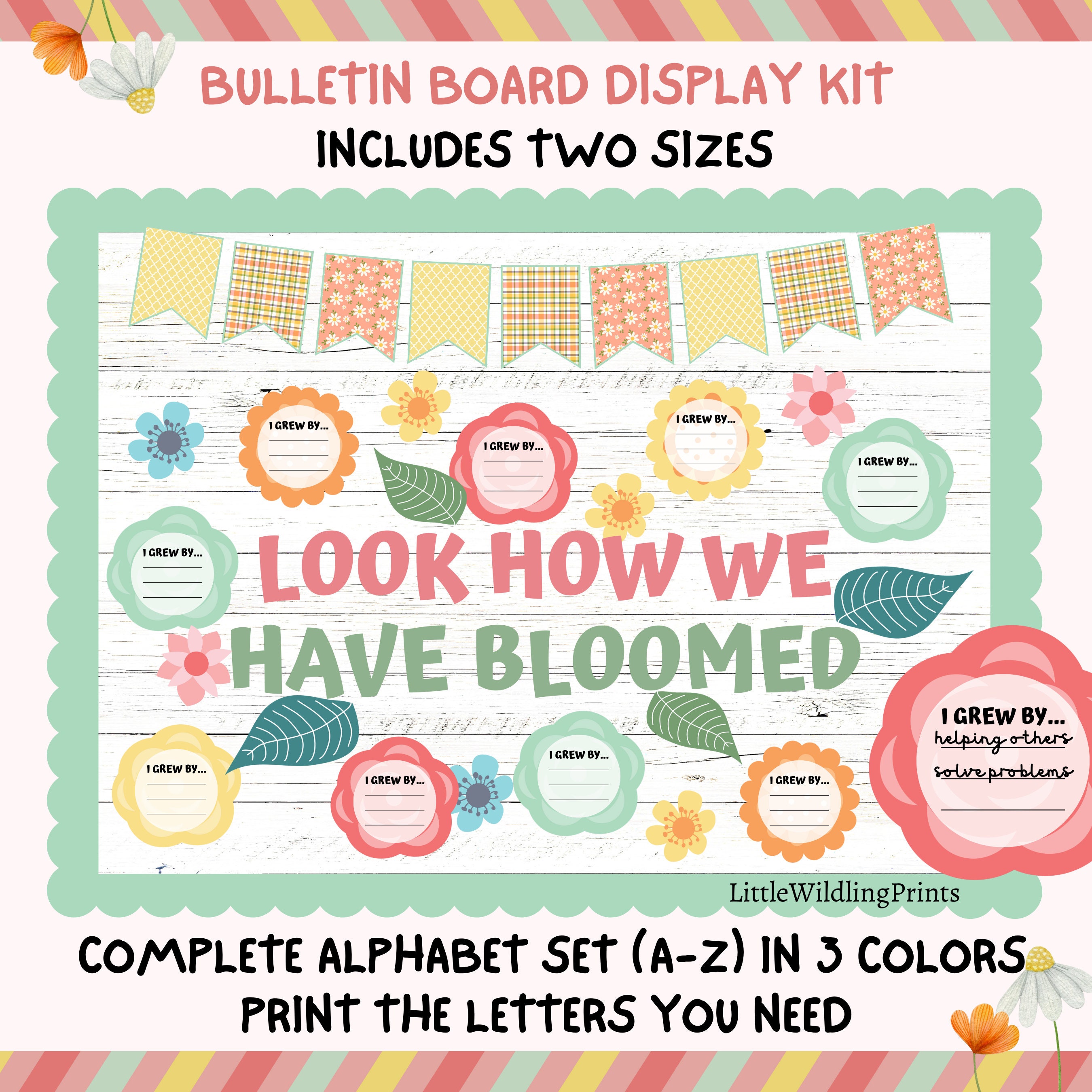 End of Year Bulletin Board Kit, Summer Flowers Blooming Growth Bulletin ...