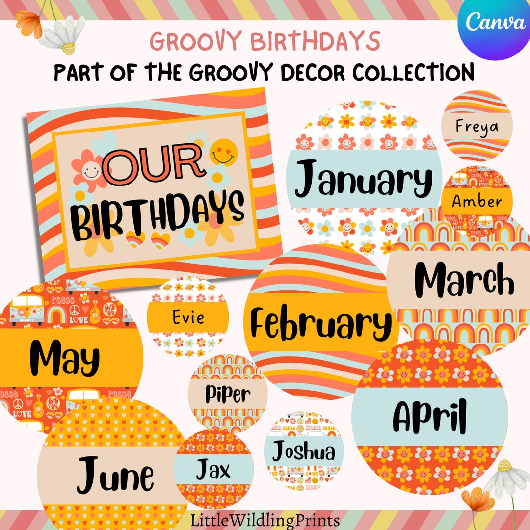 Groovy Classroom Birthdays, EDITABLE, Rainbow Boho Retro 70s Theme ...
