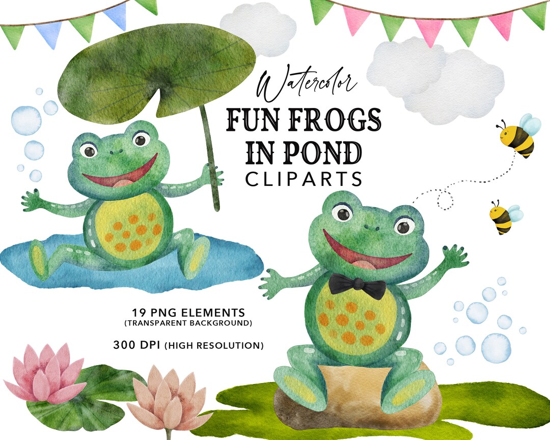 Cute Fun Frogs Clipart - Frogs in Pond Clipart - Fun Watercolor Clipart ...