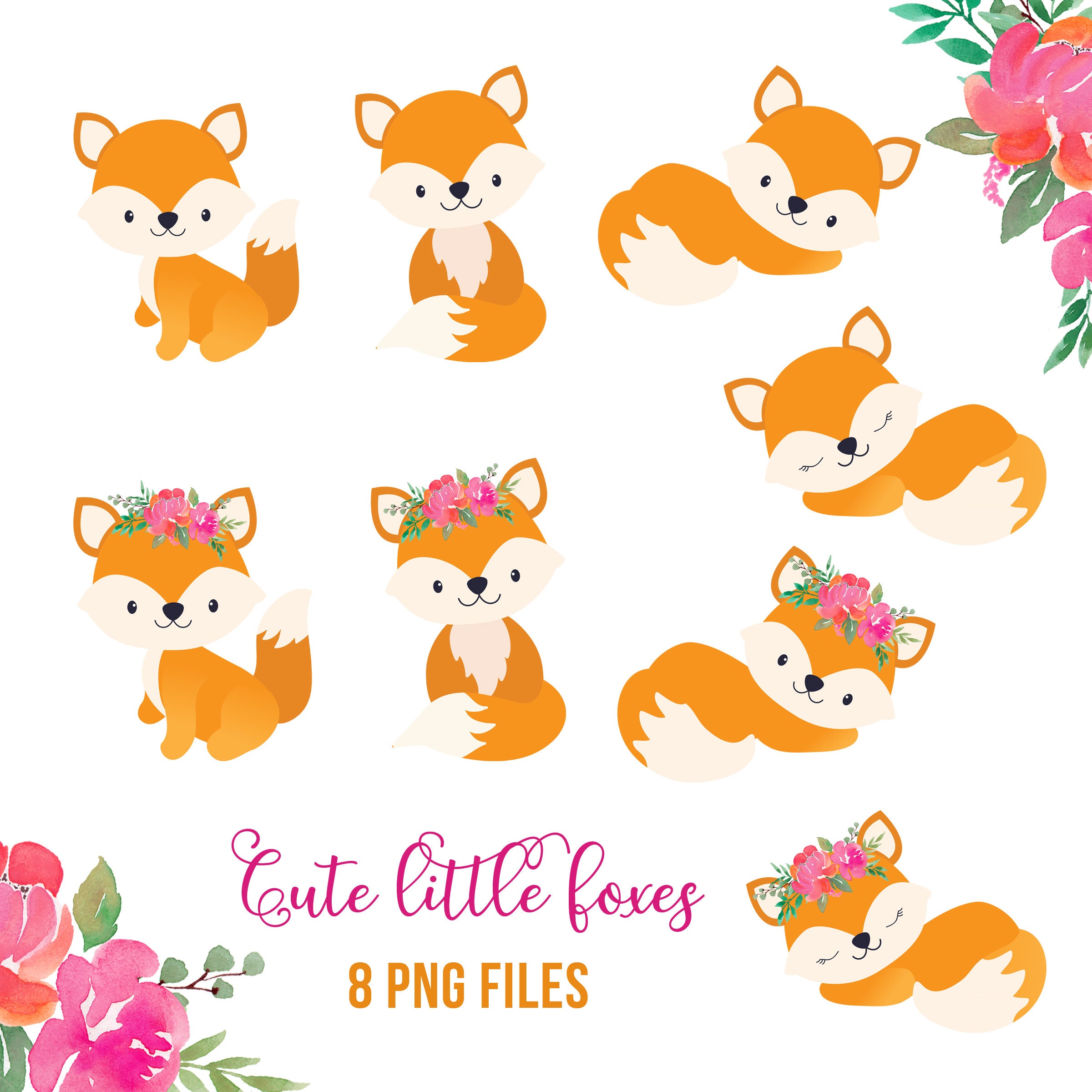 Cute Fox Clipart - Set of 8 PNG - INSTANT DOWNLOAD - Cute Fox With and ...