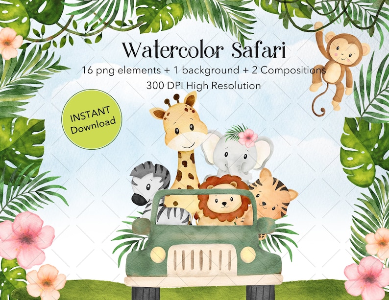 Cute Watercolor Safari Animals Clipart - Wild Animals - Baby Safari ...