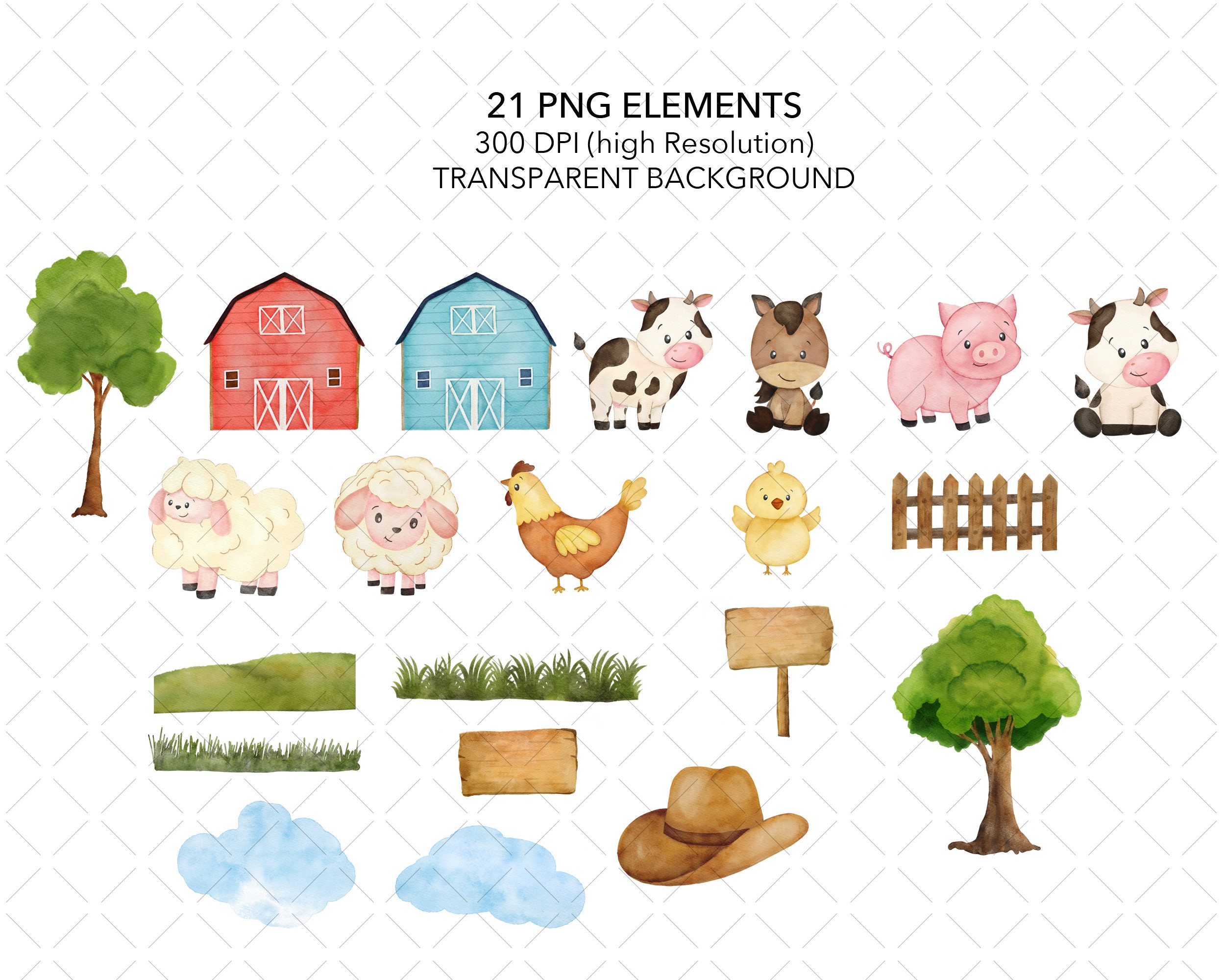 Barnyard Clipart - Watercolor Farm Cliparts - Set of 21 PNG Elements ...