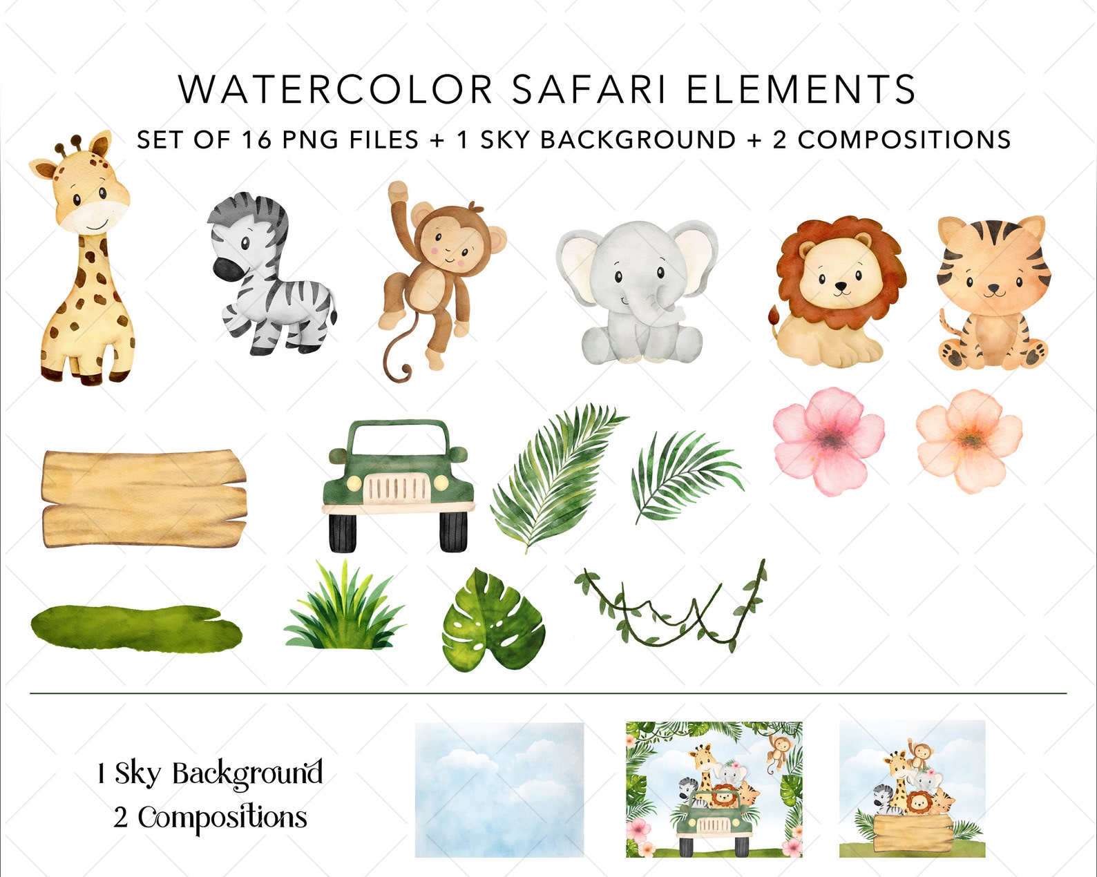 Cute Watercolor Safari Animals Clipart - Wild Animals - Baby Safari ...