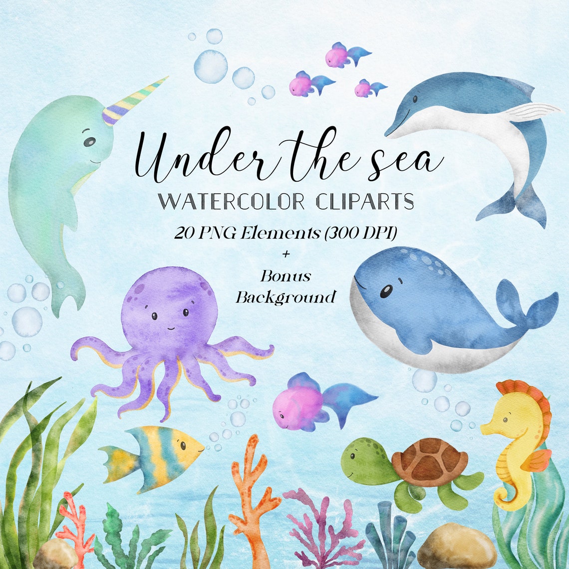 Under the Sea Clipart Watercolor Sea Creatures Cute - Etsy