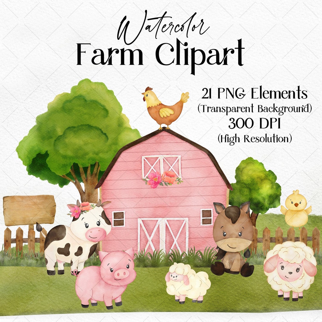 Cute Farm Animals Clipart – Watercolor Barn, 21 PNG Elements (instant ...