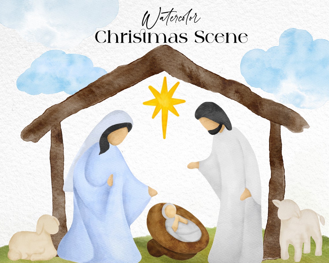 Christmas Scene Clipart - Christmas Nativity Clipart - Watercolor ...