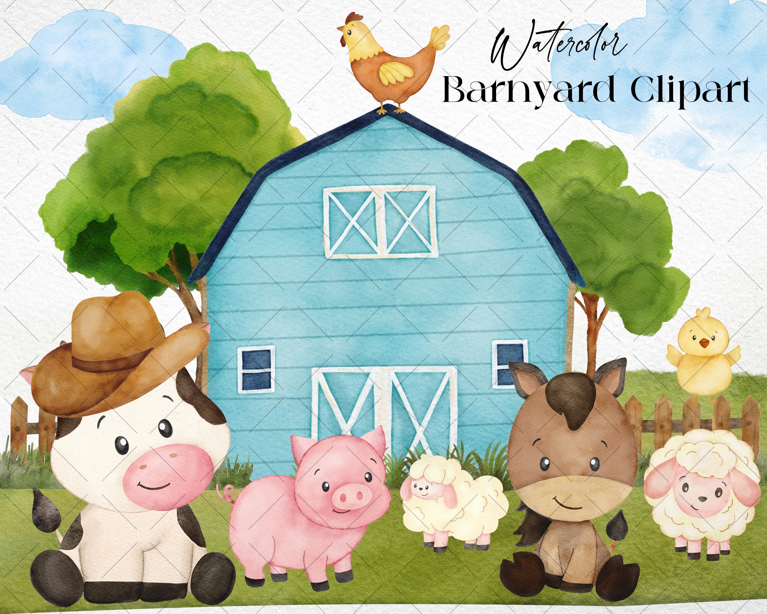 Barnyard Clipart Watercolor Farm Cliparts Set of 21 PNG Elements ...