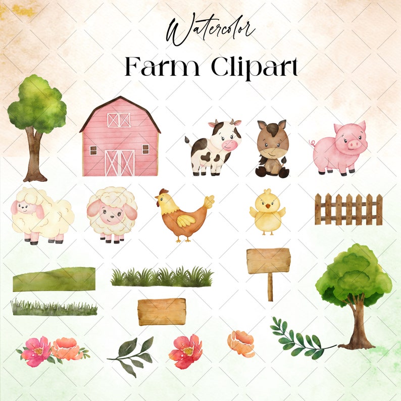 Cute Farm Animals Clipart – Watercolor Barn, 21 PNG Elements (instant ...