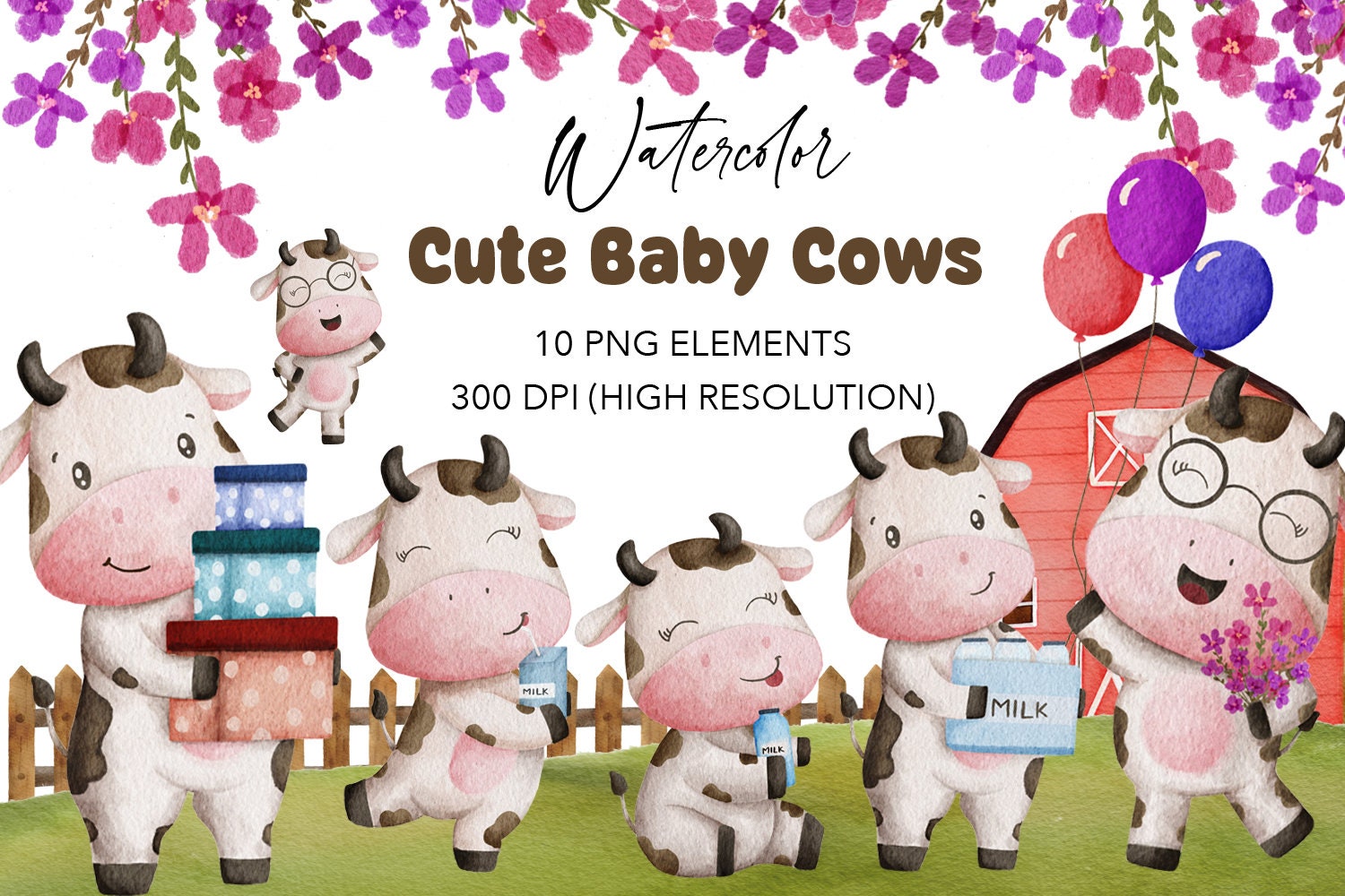 Cute Watercolor Farm Cow Party Farm Clipart Barn Cute Baby Cows ...