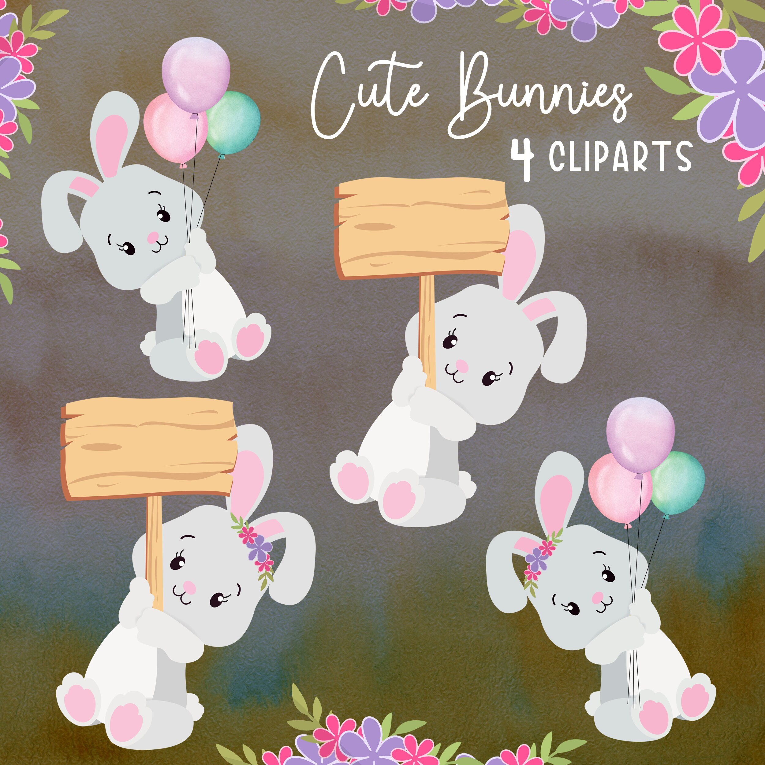 Bunny Clipart Bunny Holding Sign Bunny Holding Balloons 4 PNG INSTANT ...
