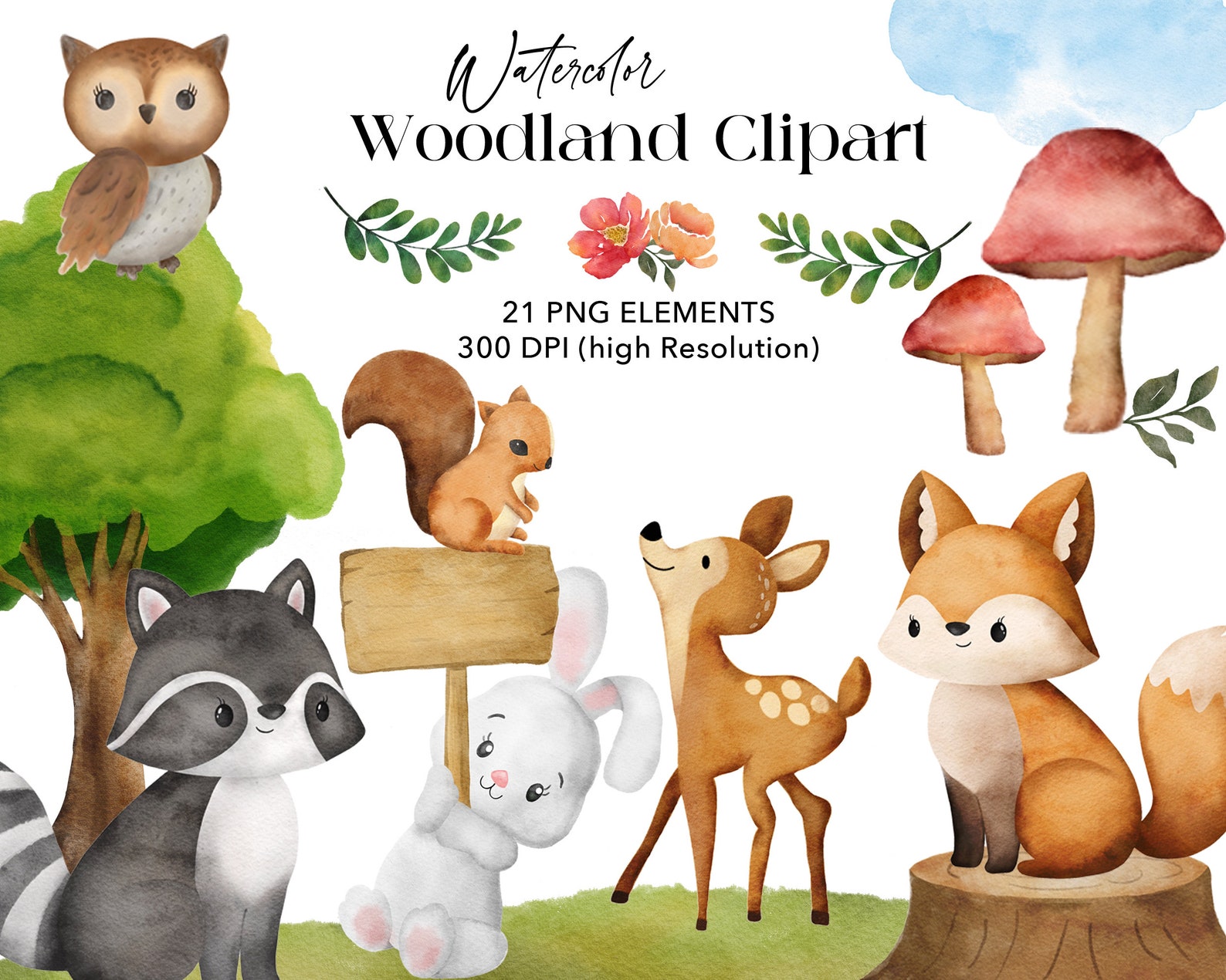 Cute Woodland Animals Clipart Watercolor Woodland Animals Set of 17 PNG ...