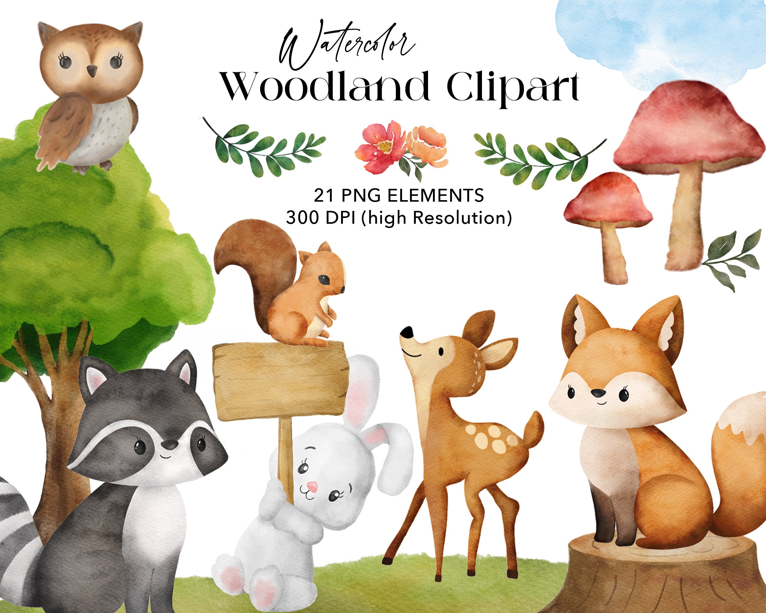 Cute Woodland Animals Clipart Watercolor Woodland Animals Set of 17 PNG ...