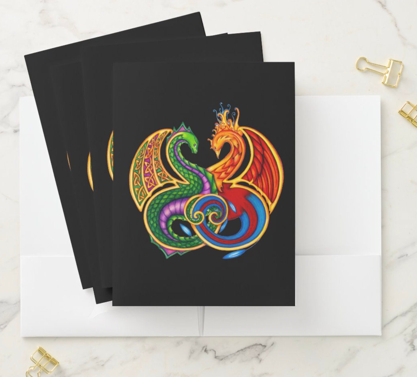 Illustrated Dragon and Phoenix 2 Pocket Folder - Etsy