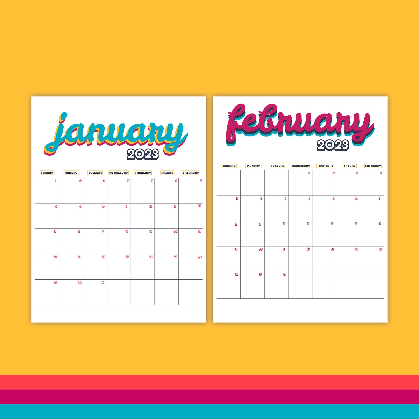 2023 Retro Printable Monthly Calendars PDF Printable Digital - Etsy