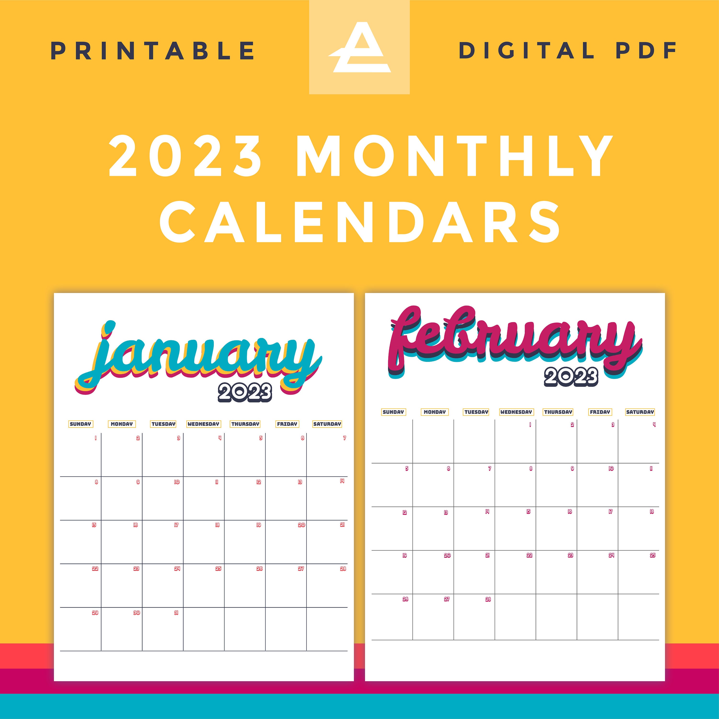 2023 Retro Printable Monthly Calendar Bundle, Digital Calendar Planner ...