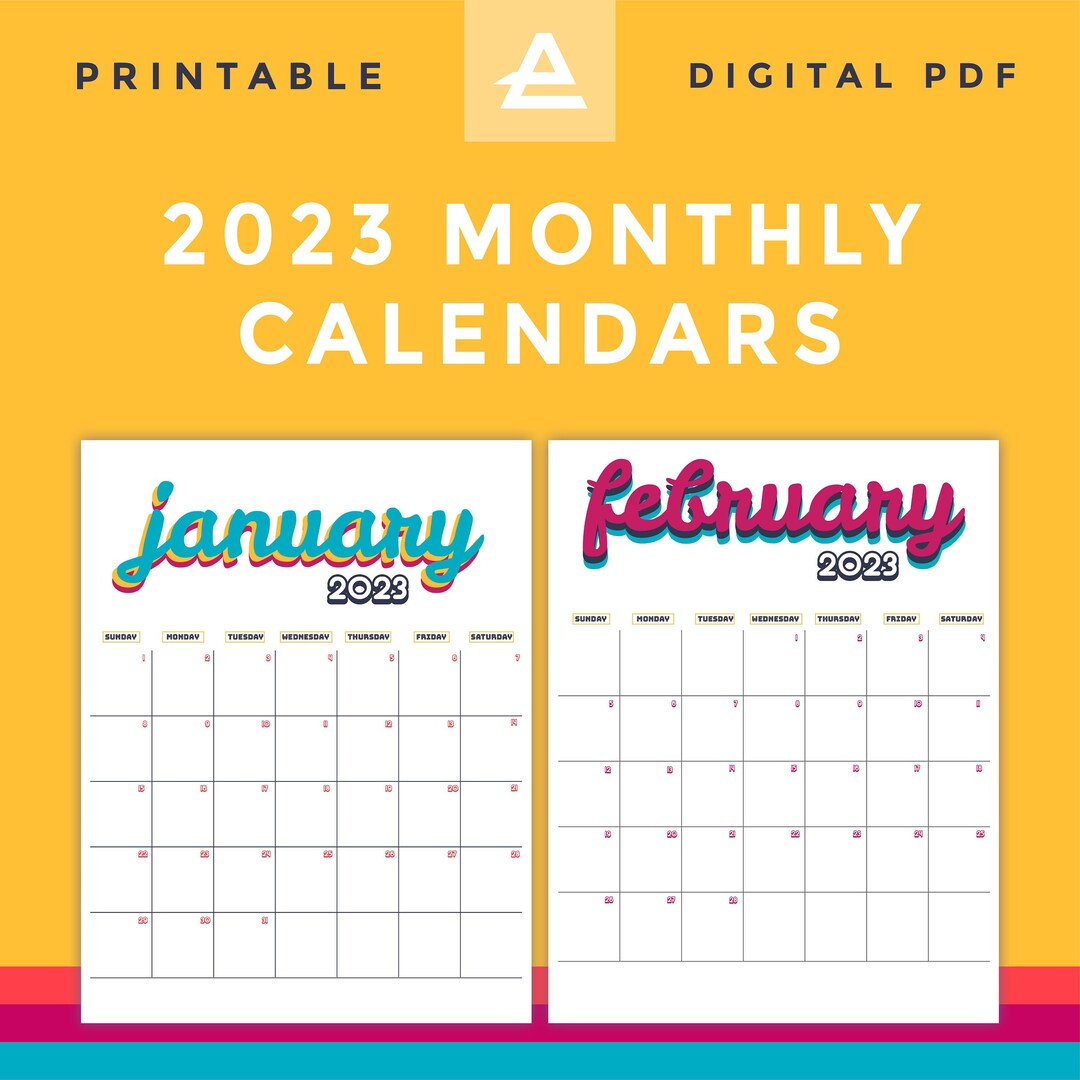 2023 Retro Printable Monthly Calendars, PDF Printable, Digital Calendar ...