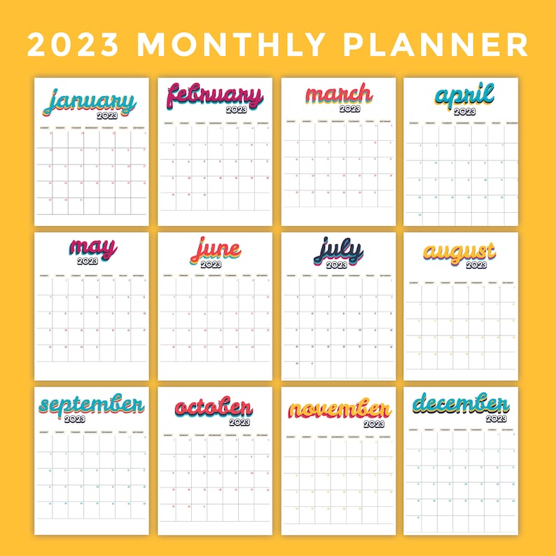 2023 Retro Printable Monthly Calendars, PDF Printable, Digital Calendar ...