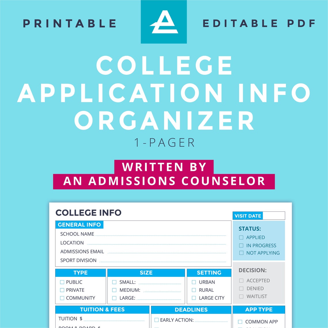 College Application Info Organizer Printable Written by an - Etsy