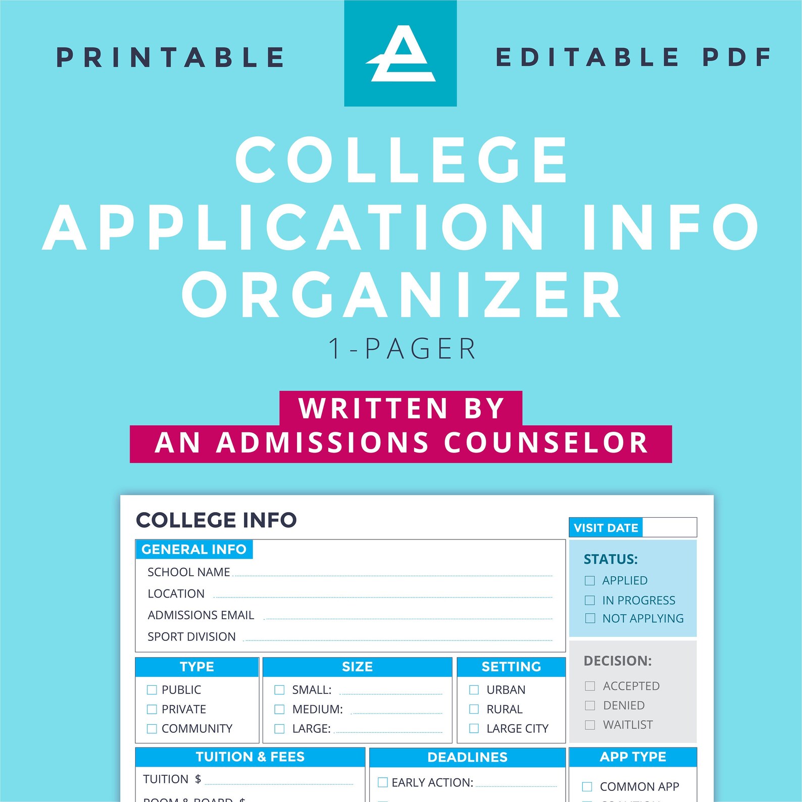 College Application Info Organizer Printable Written by an - Etsy