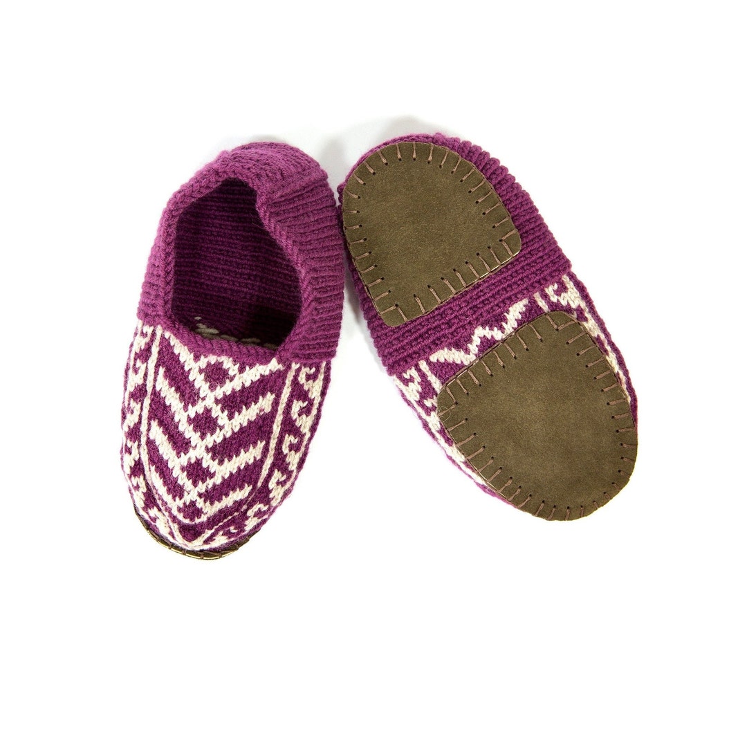 Plum & Tan, Women's Slipper Socks WITH Suede Soles. Knit House Shoes ...