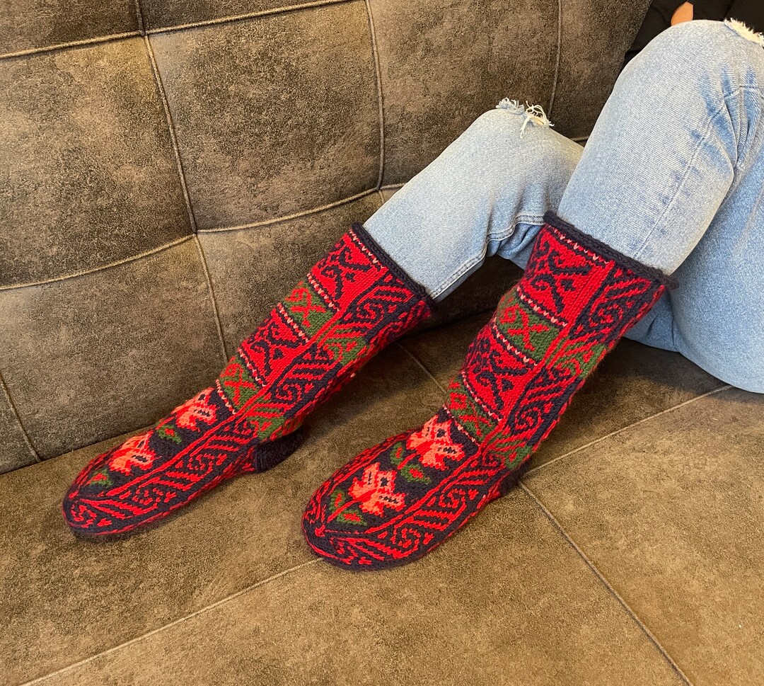Women's Red and Black Mukluk Style Slippers Long WITH Suede Soles. Cozy ...