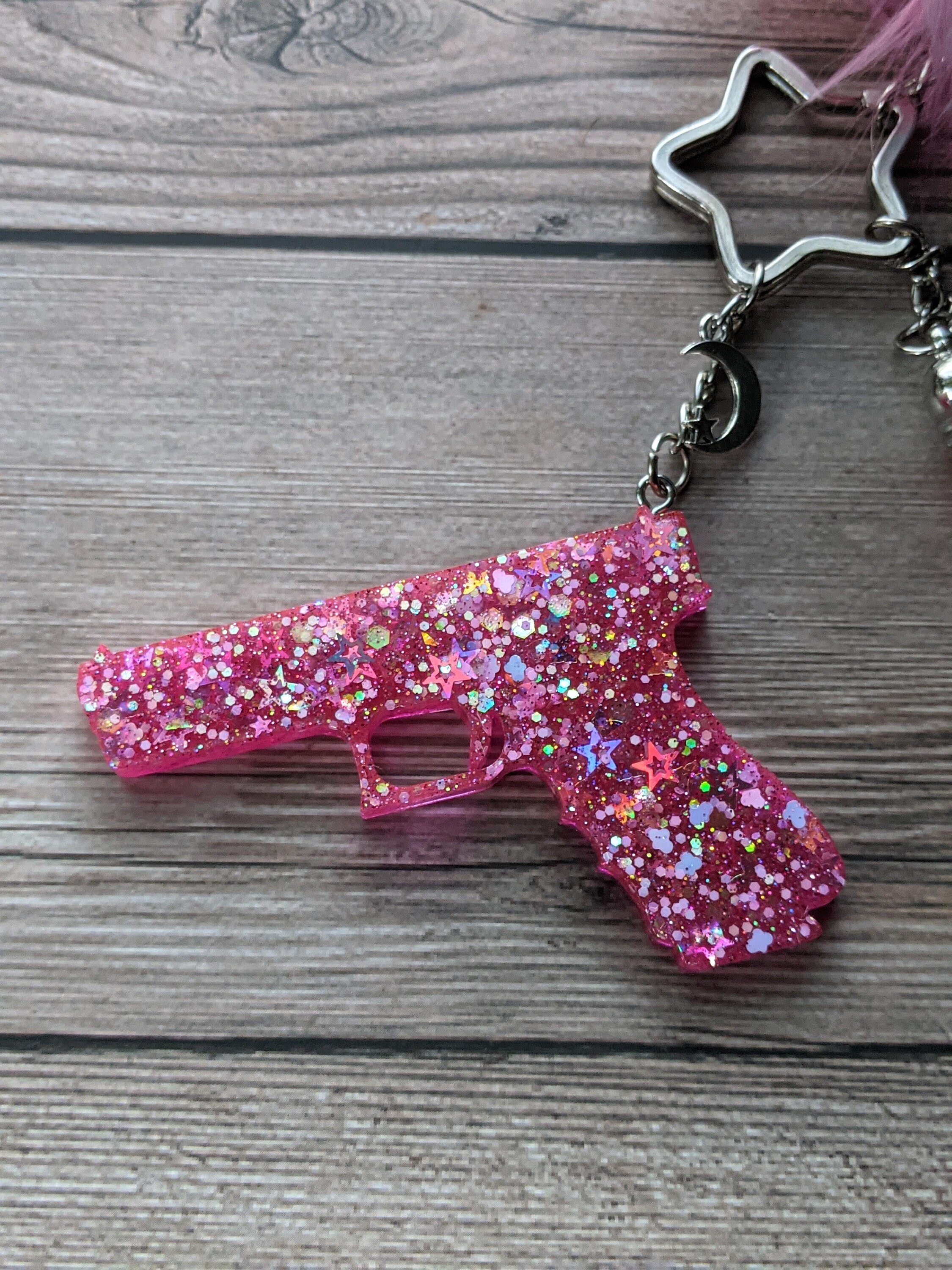 Pink Glitter Star Gun Rainbow Keychain Fuzzy Rainbow Keyring - Etsy