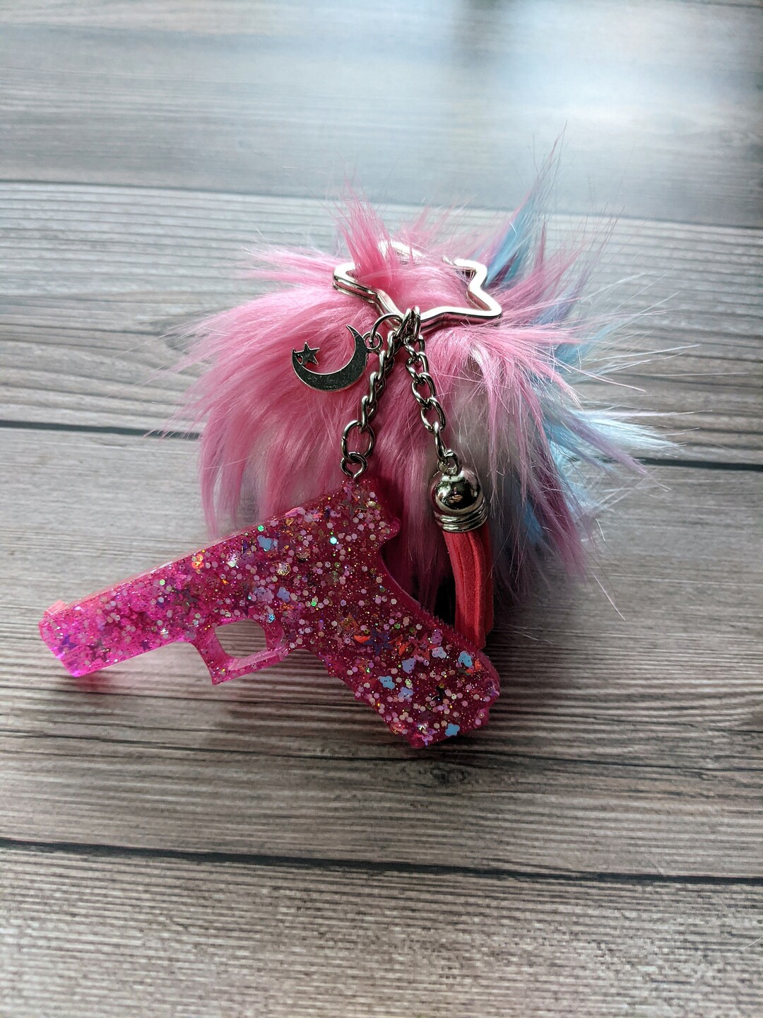 Pink Glitter Star Gun Rainbow Keychain, Fuzzy Rainbow Keyring, Resin ...