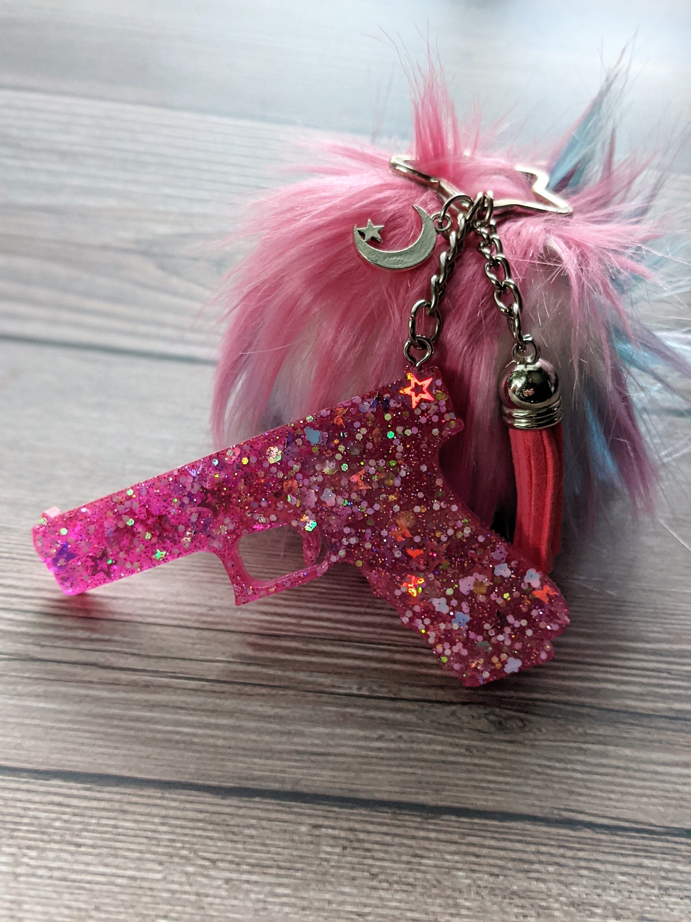 Pink Glitter Star Gun Rainbow Keychain Fuzzy Rainbow Keyring - Etsy